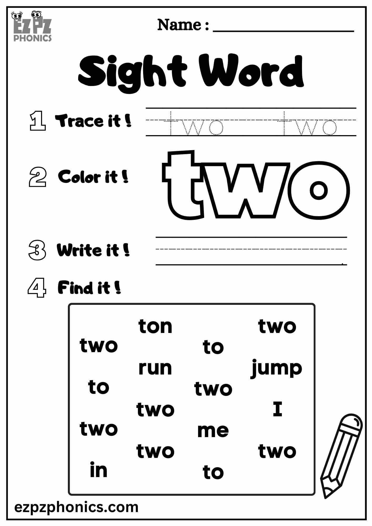 The "Two" Sight Word Worksheet for Pre-Kindergarten Dolch Sight Words - ezpzphonics.com
